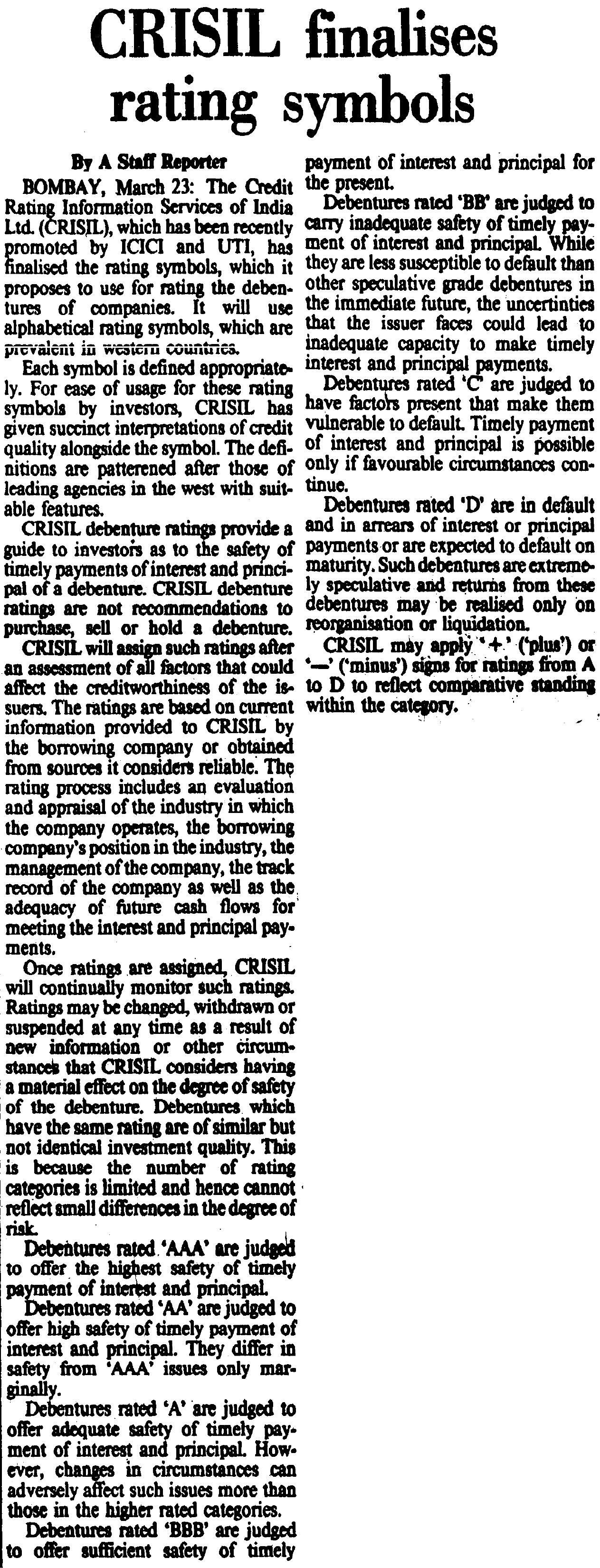 CRISIL finalises rating symbols - MISM