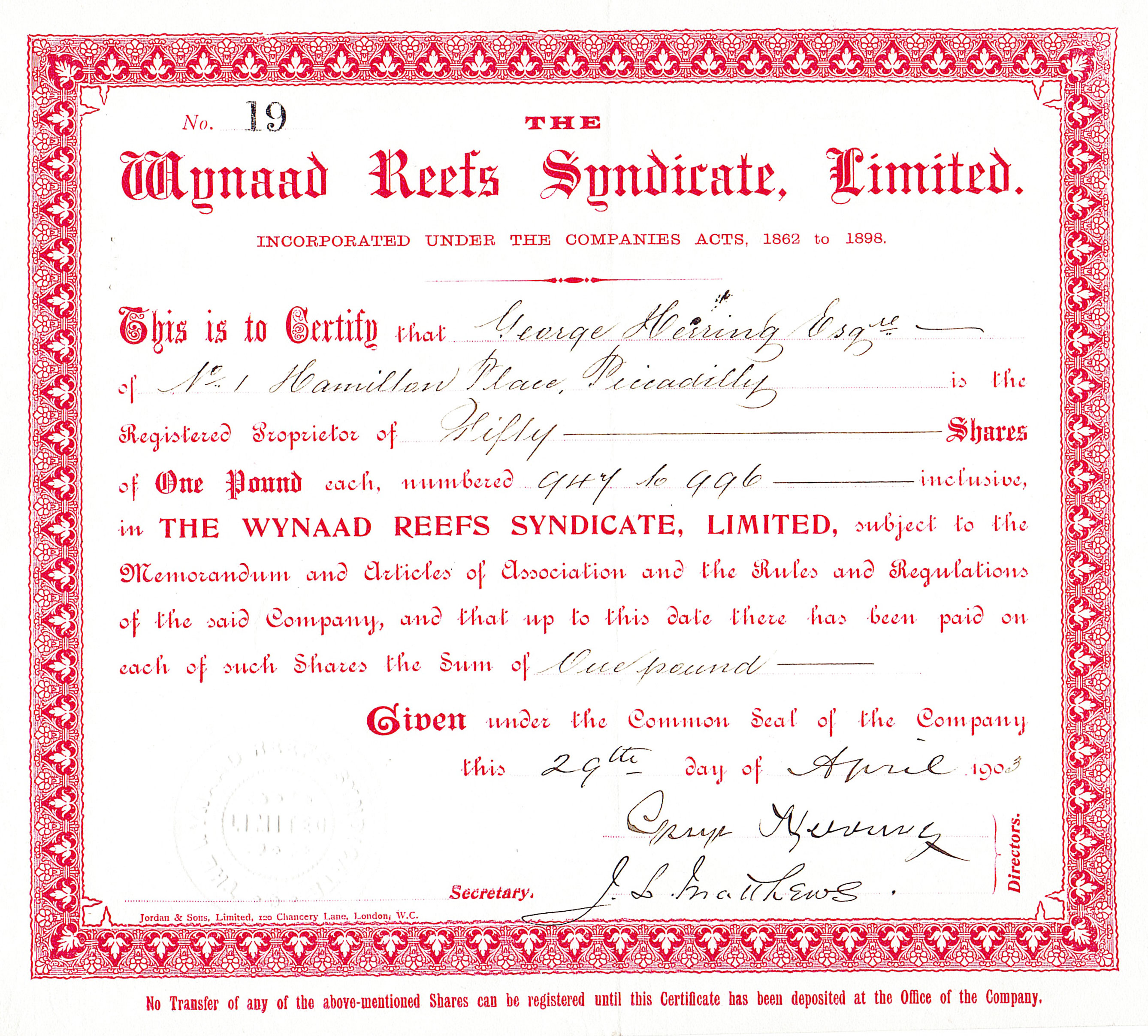 The Wynaad Reefs Syndicate Limited - MISM